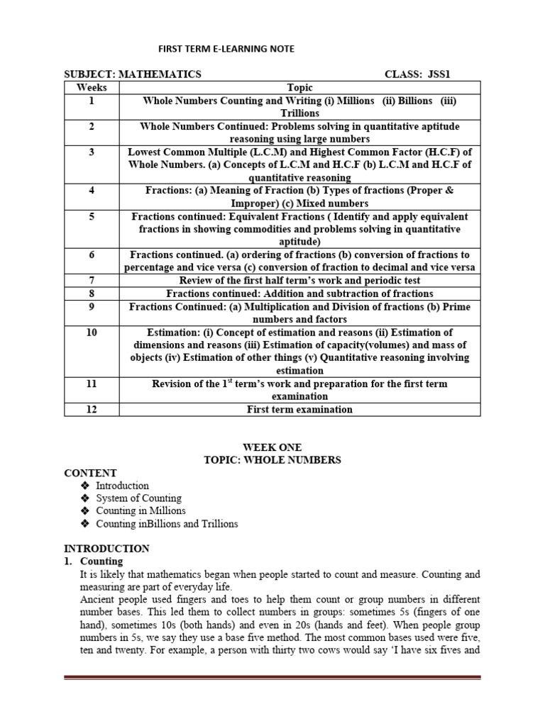 First Term JSS1 Mathematics | PDF | Division (Mathematics) | Mathematical Concepts
