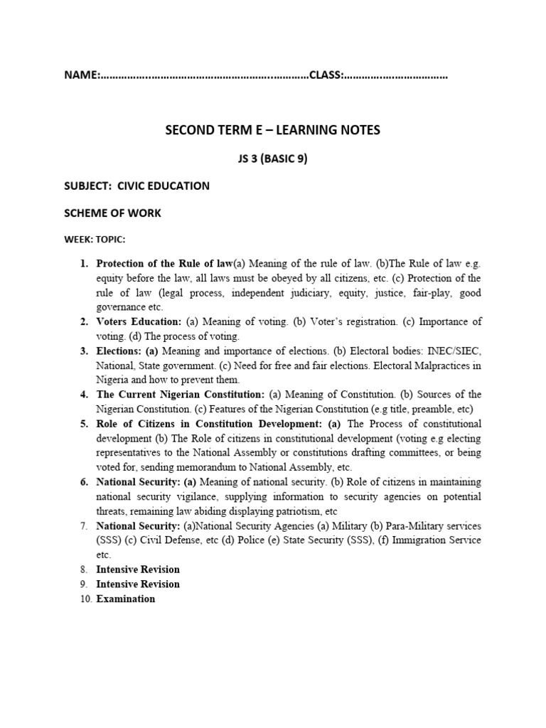 JS3 Civic Education Second Term Notes | PDF | Elections | Rule Of Law