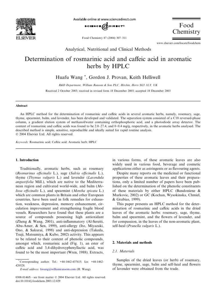 j.foodchem.2003.12.029 | PDF | High Performance Liquid Chromatography | Rosemary