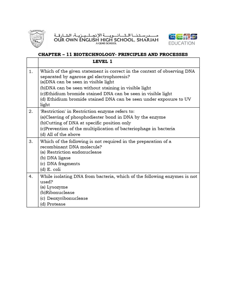 Worksheet - Chapter 11 - Biotechnology - Principles and Processes | PDF ...