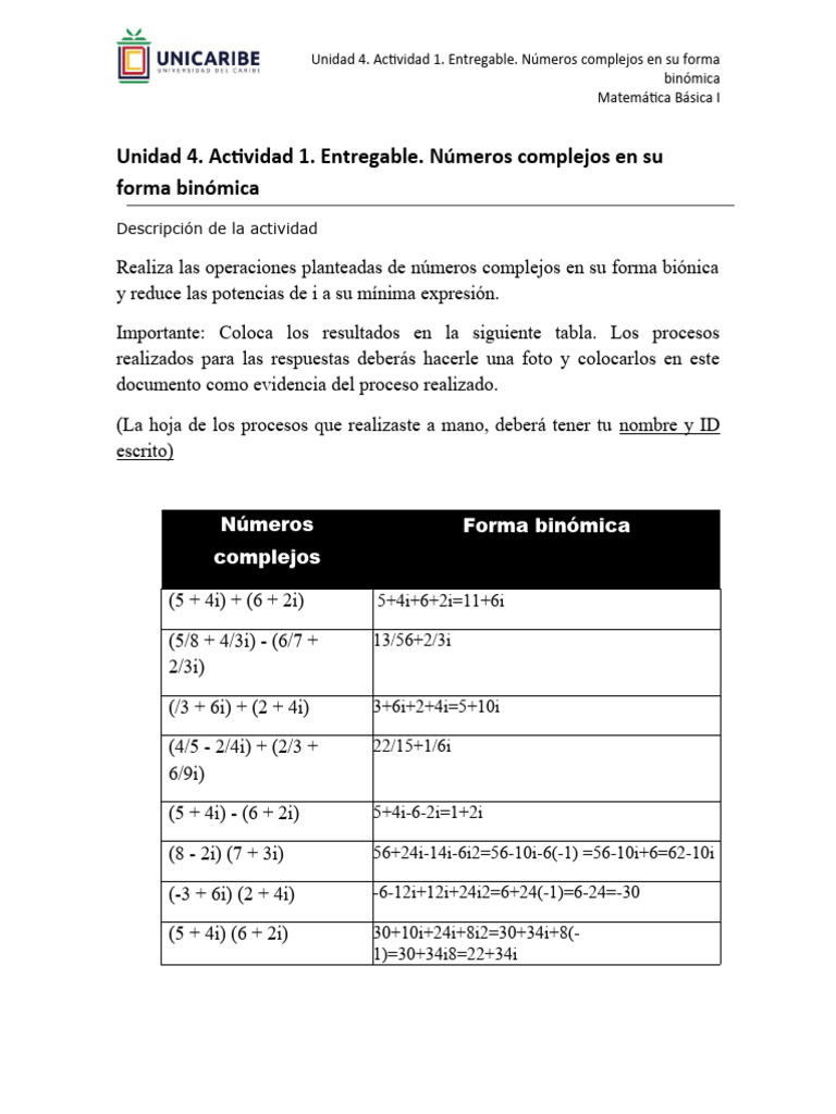 Unidad 4. Actividad 1. Entregable. Números Complejos en Su Forma ...