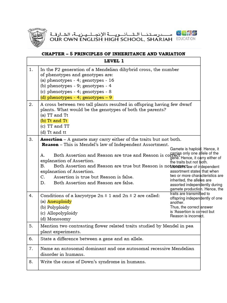 Principles of Inheritance Variation - Work Sheet | PDF | Genotype ...