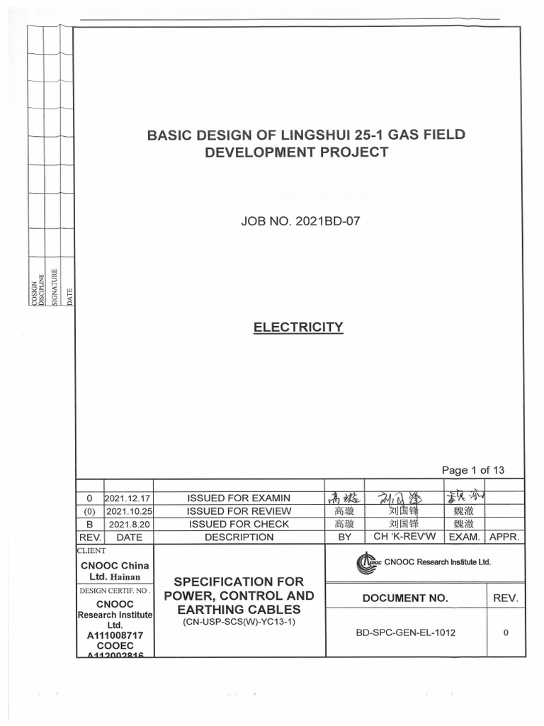 Bd-Spc-Gen-El-1012 Specification For Power, Control and Earthing Cables Rev0 | PDF | Electrical ...