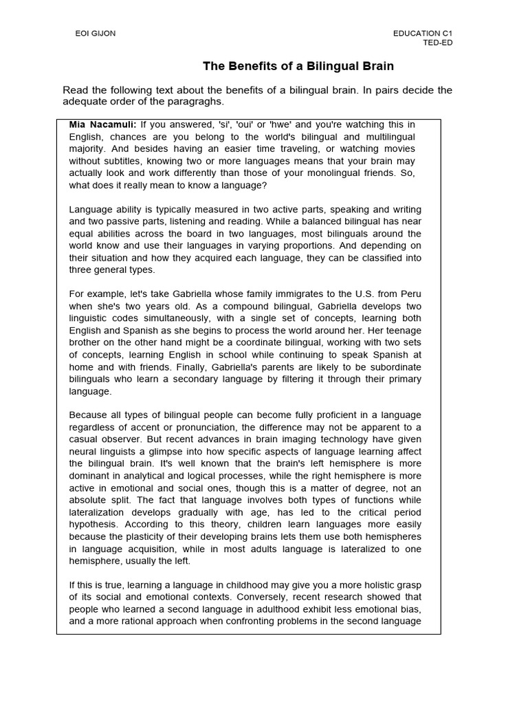 TC1 The Benefits of A Bilingual Brain | PDF | Multilingualism ...