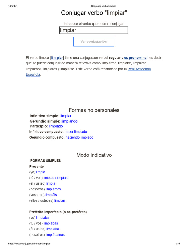 Conjugar Verbo Limpiar | PDF | Lingüística | Sintaxis