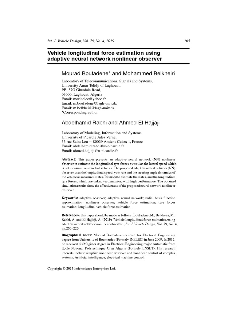 Vehicle Longitudinal Force Estimation Using Adaptive Neural Network Nonlinear Observer | PDF ...