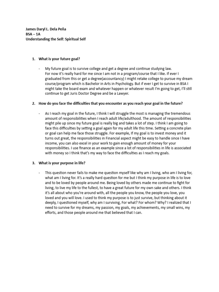 Spiritual Self - James Daryl L. Dela Peña BSA - 1A | PDF | Goal ...