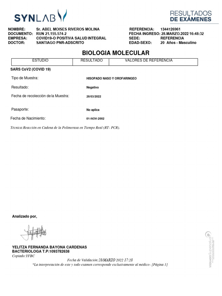 Resultado de PCR COVID-19 Negativo | PDF