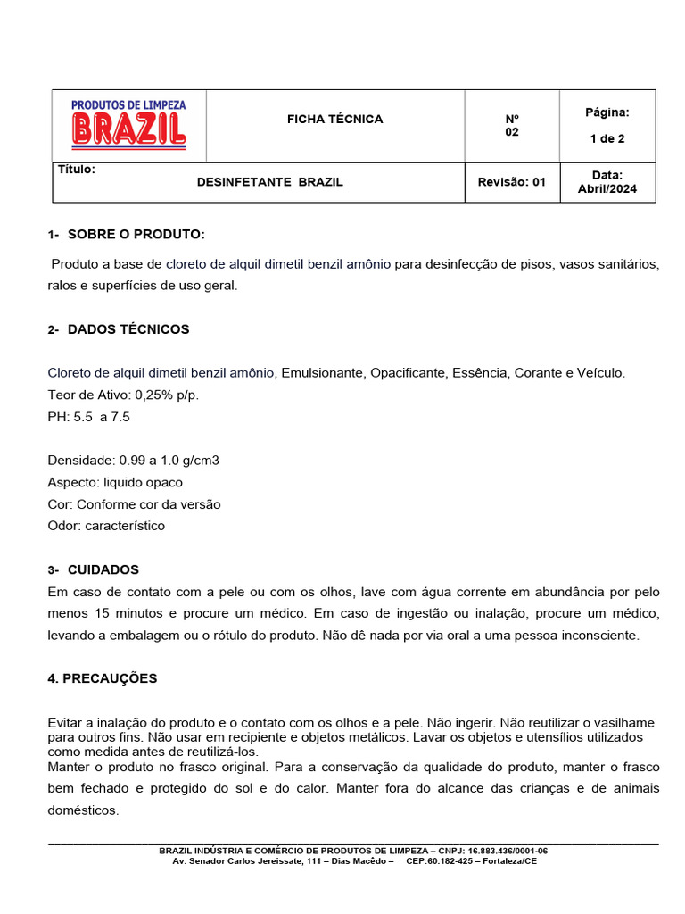 FT 02-Desinfetante BRAZIL - V01 - ABRIL - 2024 | PDF