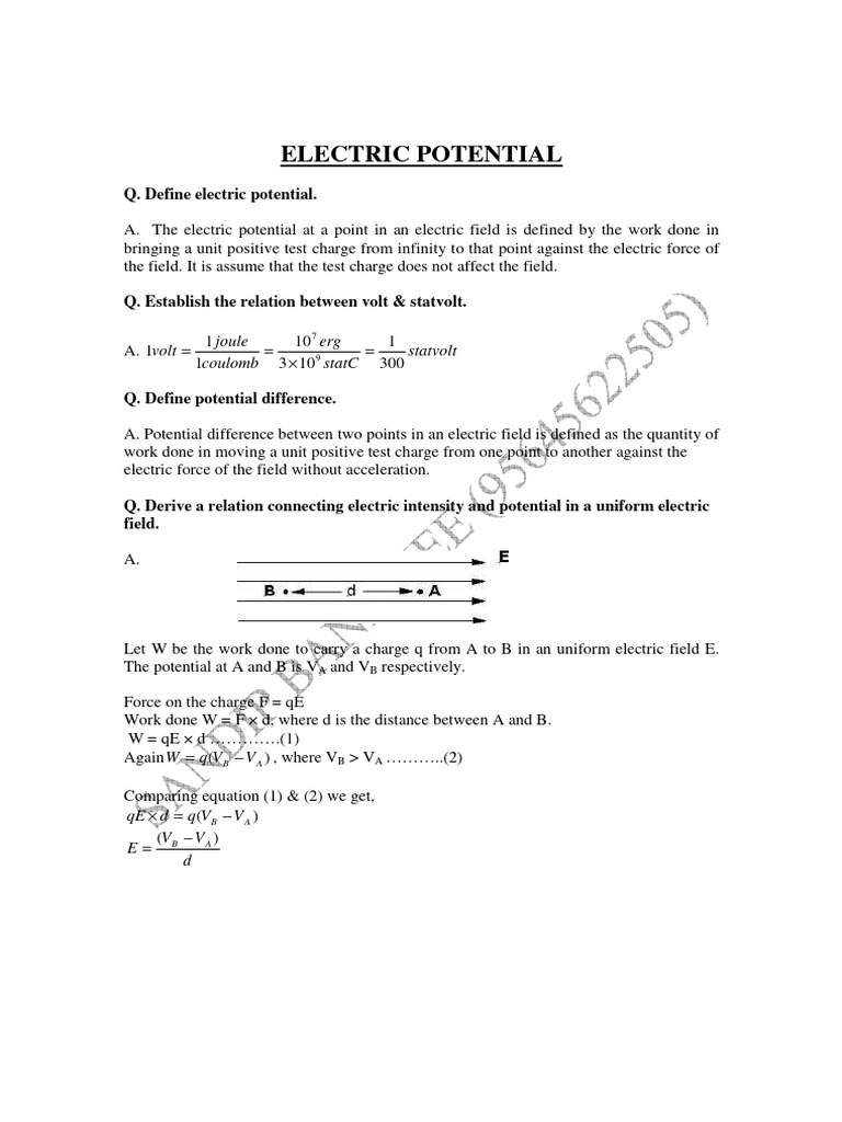 ELECTRIC POTENTIAL | PDF | Electron | Potential Energy