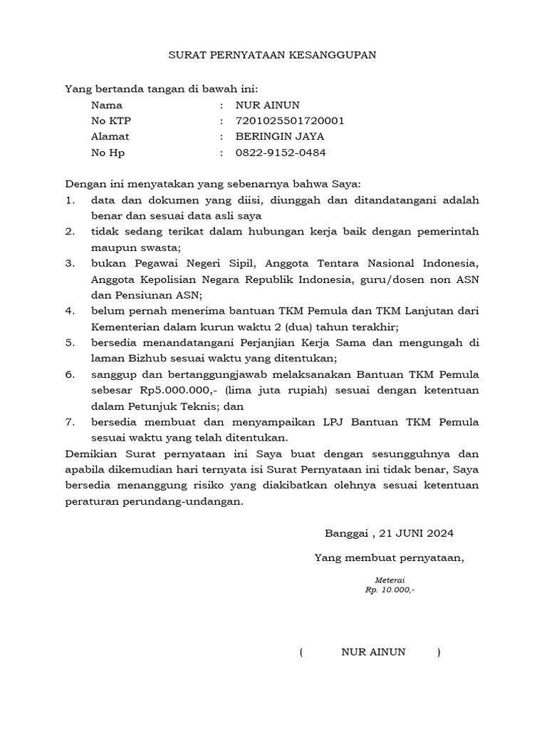 Surat-Pernyataan TKM Pemula 2024 | PDF