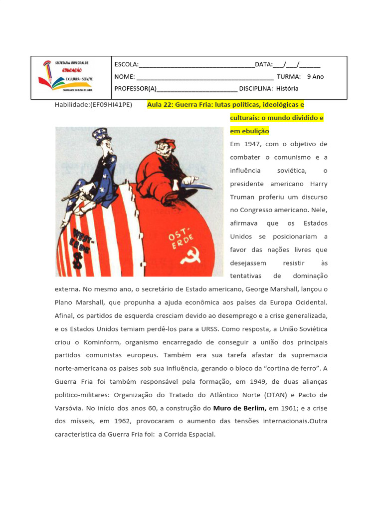 9 ano - guerra fria | PDF | Guerra Fria | União Soviética