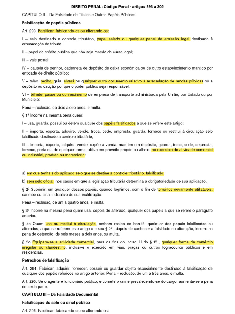 DIREITO PENAL Codigo Penal Artigos 293 A 305 3 | PDF | Justiça | Crime ...