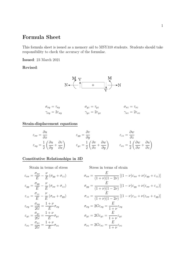 Msy310 Formulasheet 2021 | PDF | Linear Elasticity | Deformation (Mechanics)