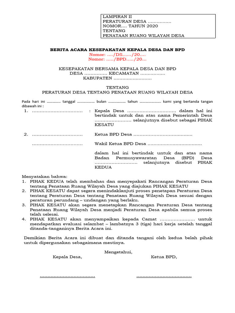 BA. Kesepakatan BPD Dan Pemdes - Tata Ruang Desa | PDF | Griya & Taman