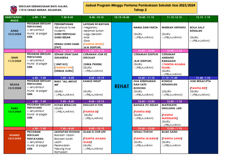 JADUAL MINGGU PERTAMA TAHAP 2 2024-2025 | PDF