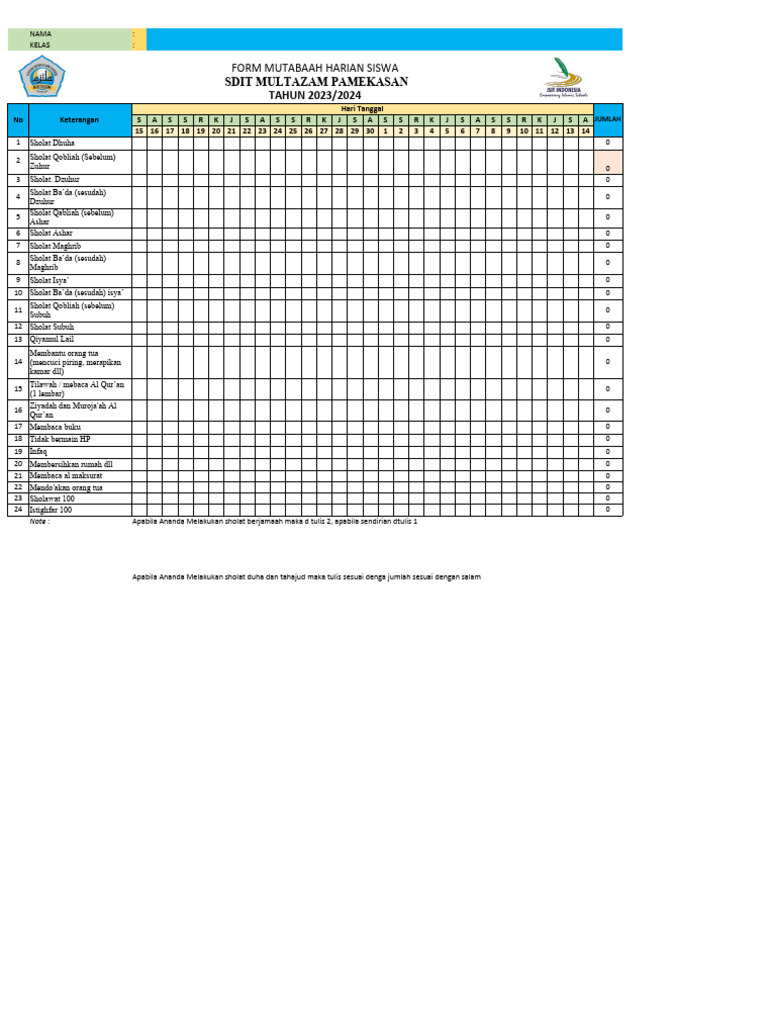 Form Mutabaah Harian Siswa 2023/2024 | PDF