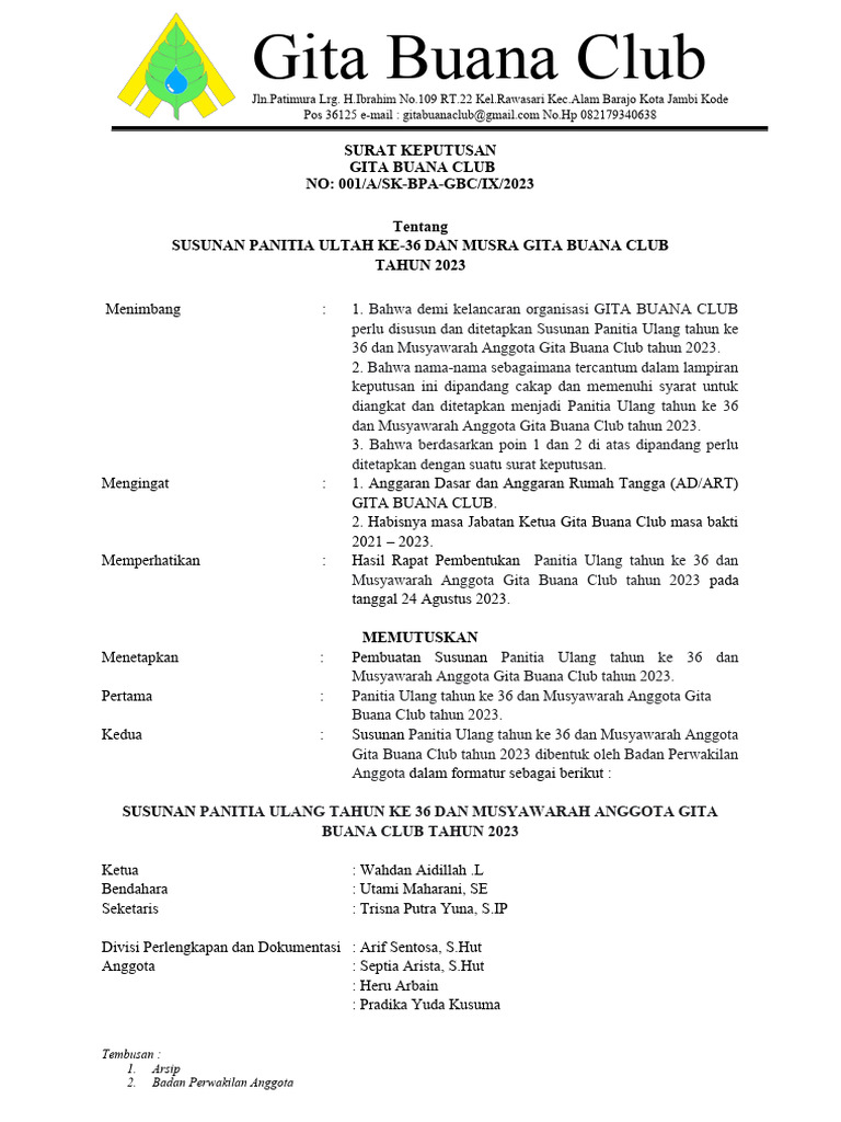 SK Panitia Ultah dan Musra tahun 2023 | PDF