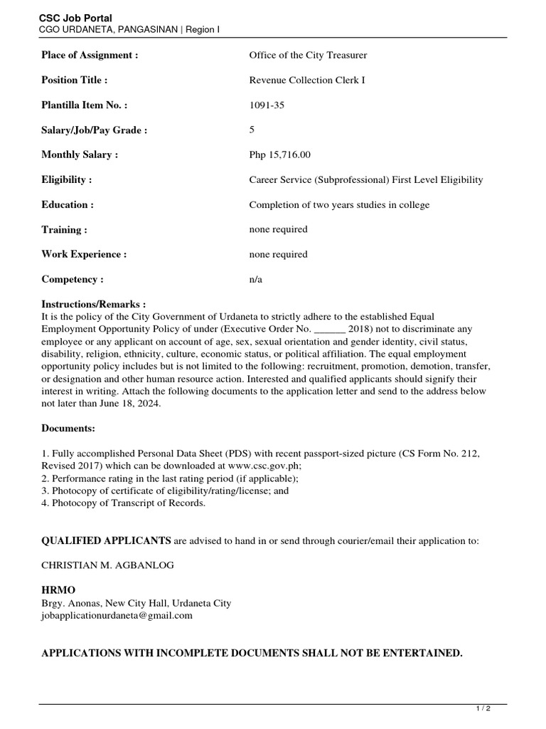 CGO URDANETA PANGASINAN-Revenue Collection Clerk I | PDF | Employment ...
