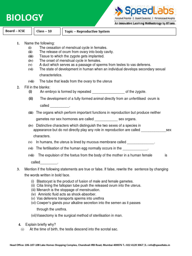 The Reproductive System - Important Qs - Important Questions | PDF ...