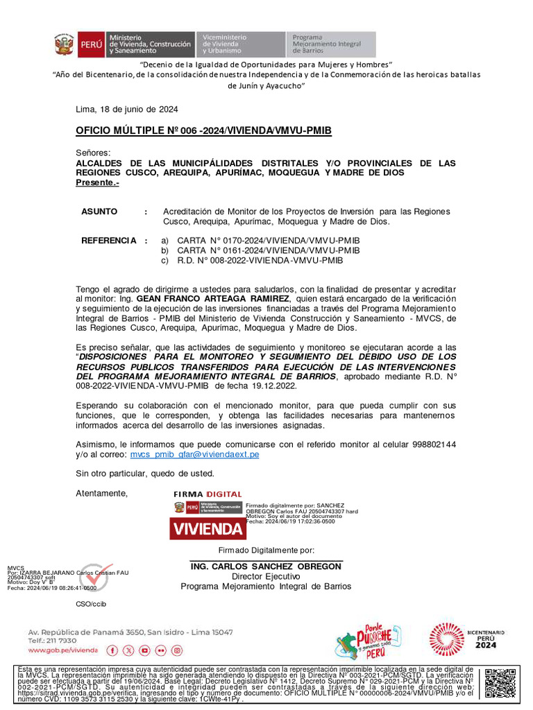 OFICIO MULTIPLE 006-2024-PMIB ACREDITACIÓN DE MONITOR DE LOS PROYECTOS DE INVERSIÓN | PDF | Perú