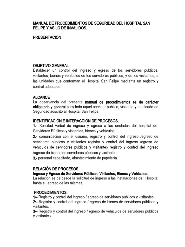 Manual de Procedimientos de Seguridad Del Hospital San Felipe y Asilo de Invalidos | PDF ...