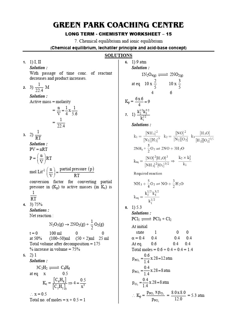 (LT) W-15 - Chemical Equilibrium and Ionic Equilibrium - CSS - Solution | PDF | Chemical ...