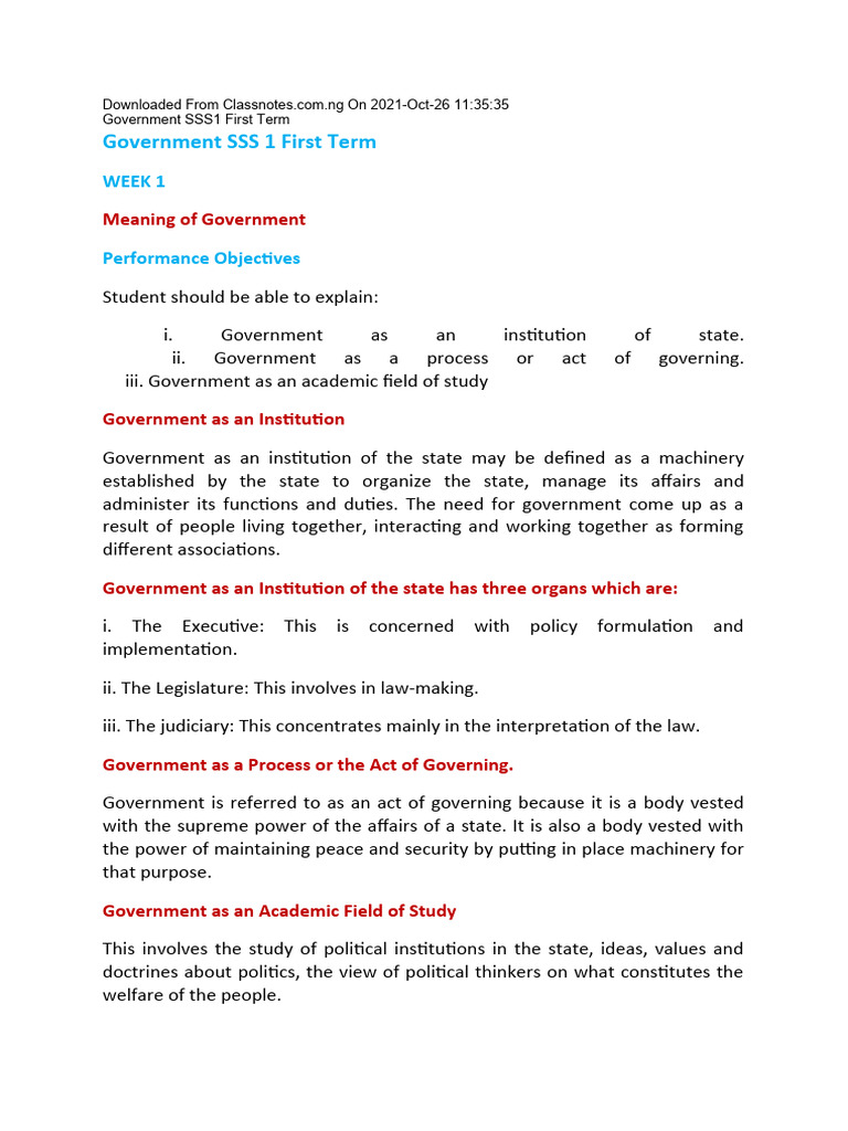 ClassNotes-Government SSS1 First Term-501635244535 | PDF | Sovereignty ...