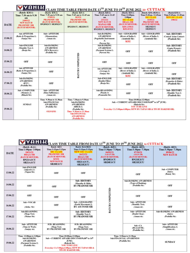 Cuttack Class Schedule: June 13-19, 2022 | PDF