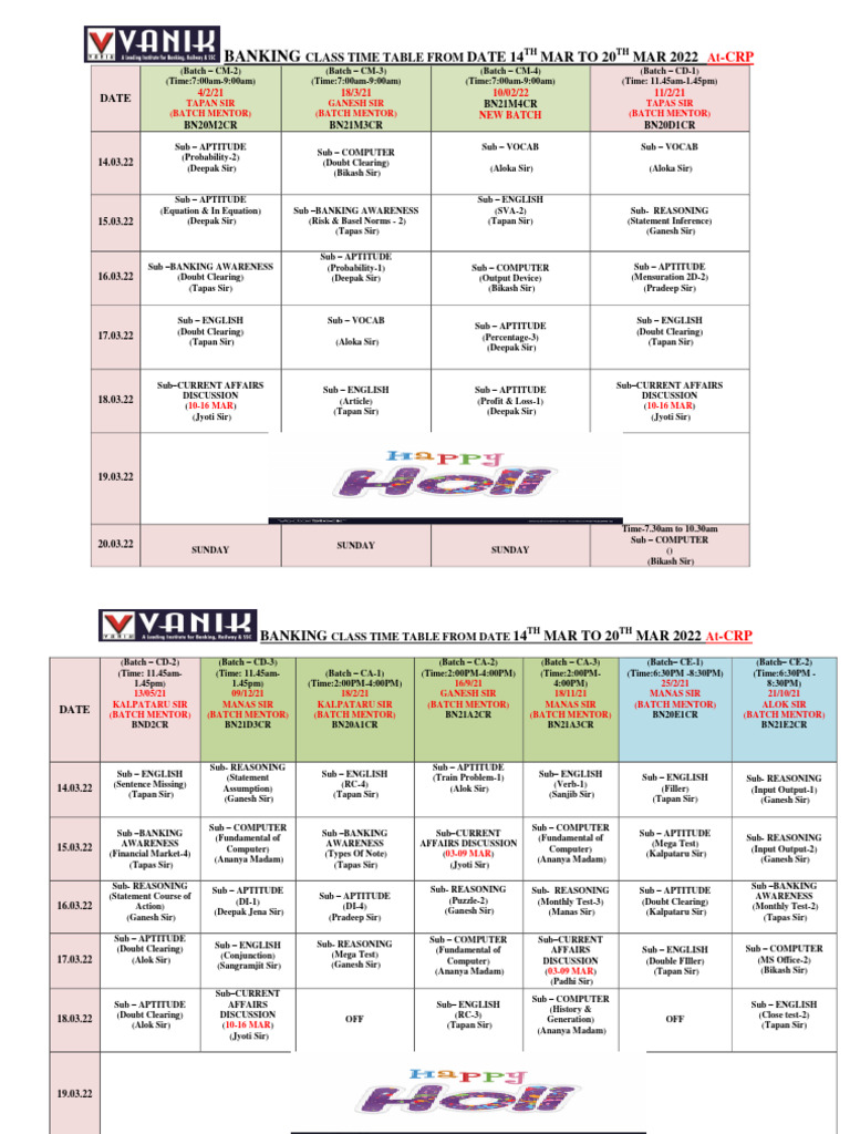 CRP Time Table 14TH-20TH Mar 2022 | PDF
