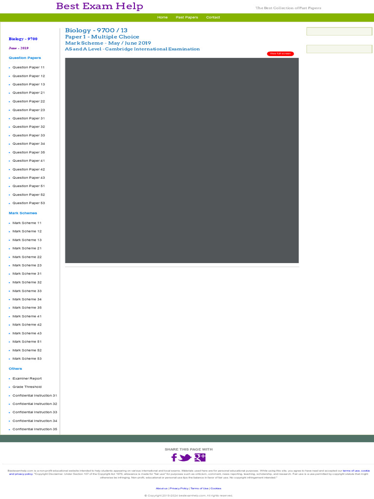 Cambridge AS & A Level Biology 9700 - 13 Mark Scheme May - Jun 2019 - Best Exam Help | PDF ...