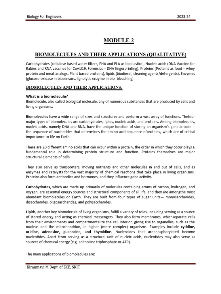 Biology For Engineers Notes (All Modules) | PDF | Nucleic Acids | Lipid