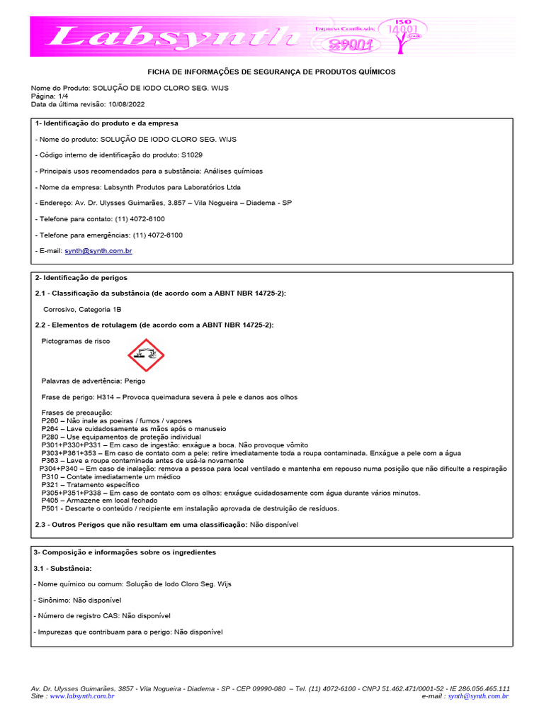 FISPQ Solucao de Iodo Cloro Seg Wijs | PDF | Vapor | Química