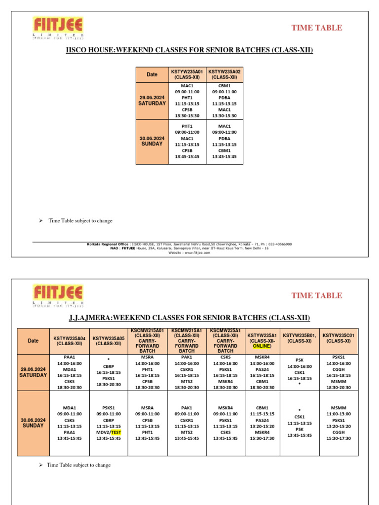 Time Table - 25.06.2024 - 30.06.2024 Senior | PDF | Workweek And ...