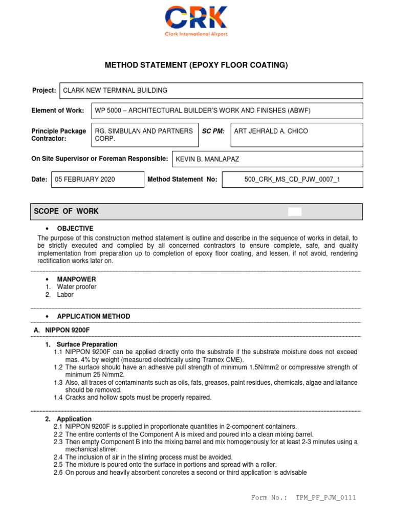 METHOD STATEMENT (EPOXY FLOOR COATING) | PDF | Paint | Materials