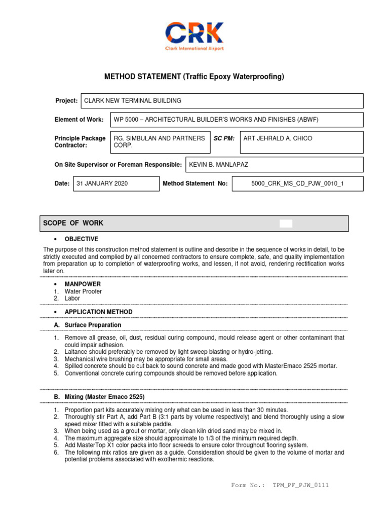 METHOD STATEMENT (Traffic Epoxy Waterproofing) | Download Free PDF ...