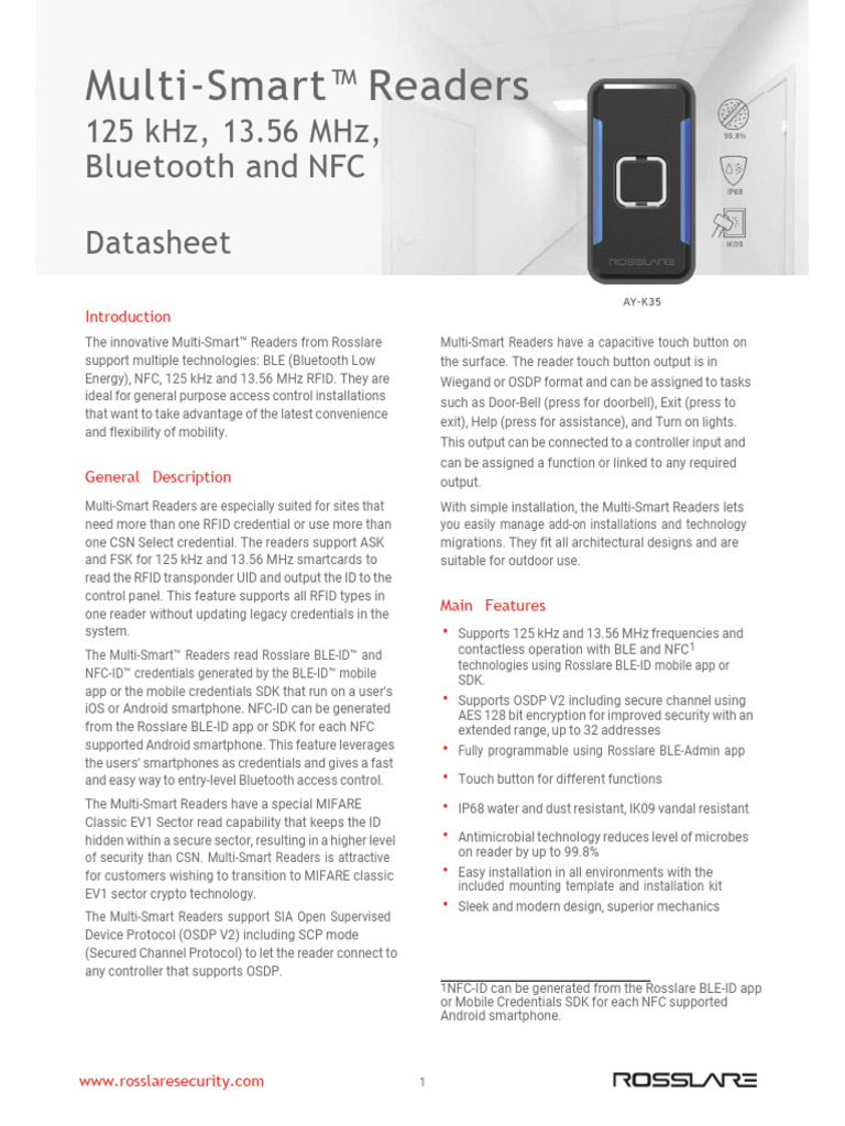 Multi-Smart™ Readers: 125 KHZ, 13.56 MHZ, Bluetooth and NFC Datasheet | PDF | Radio Frequency ...