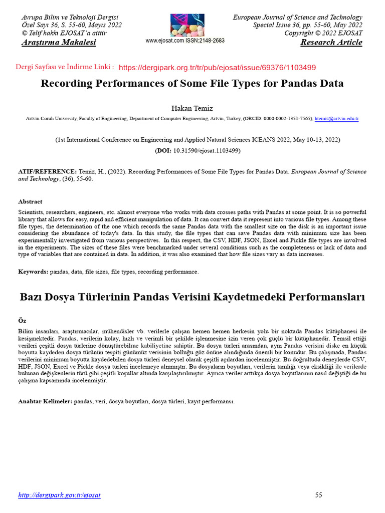 Recording Performances of Some File Types For Pandas Data. DOI-10.31590-Ejosat.1103499-2374400 ...