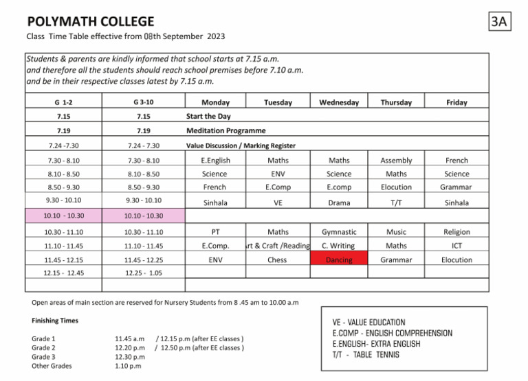 Class Time Table - 3A | PDF