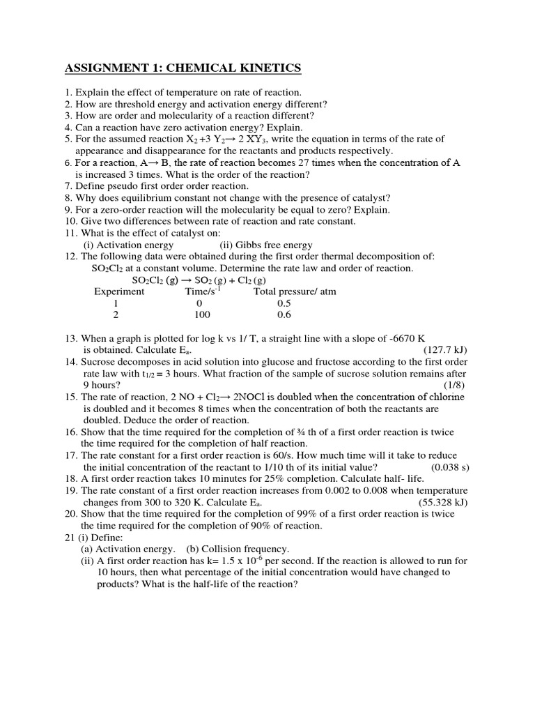 Chemical Kinetics Assignment 1 | PDF | Reaction Rate | Chemical Reactions