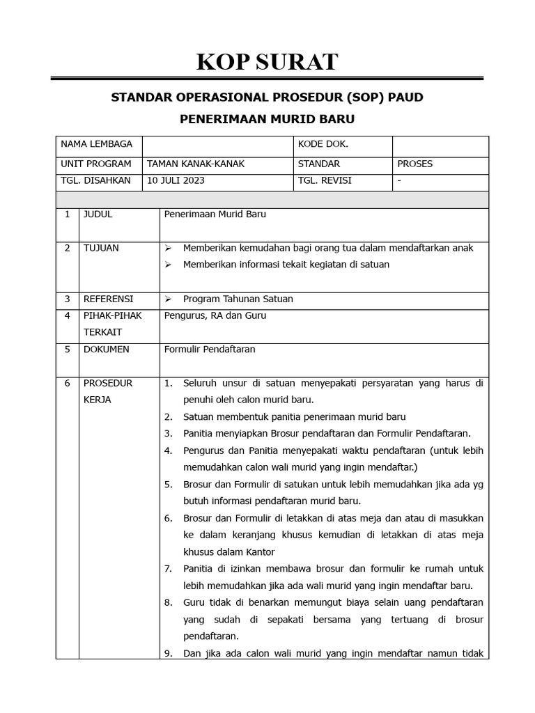 SOP Penerimaan Murid Baru PAUD | PDF