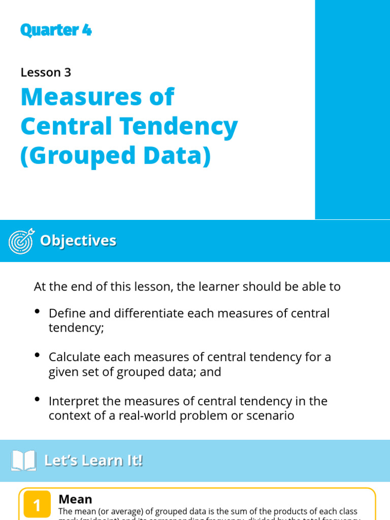 Lesson 3. Measures of Central Tendency (Grouped Data) | PDF | Mean | Median