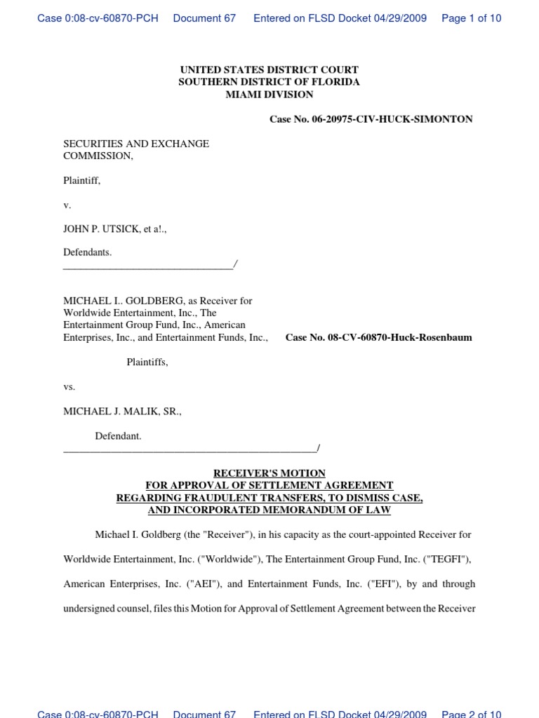 Goldberg V Malik - Settlement Agreementt in Fraud Ponzi-Related Case ...
