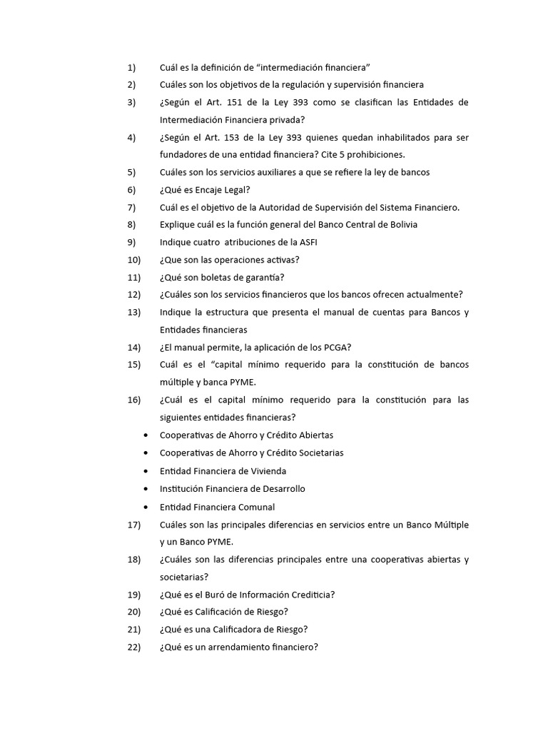 Unidad 1. Banco de Preguntas | PDF | Bancos | Sistema financiero