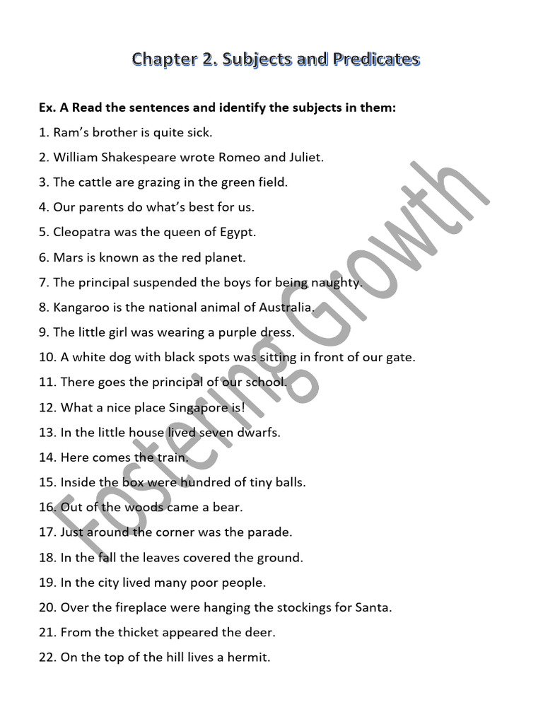 Subjects and Predicates Class 6 and 7 | PDF | Subject (Grammar) | Verb