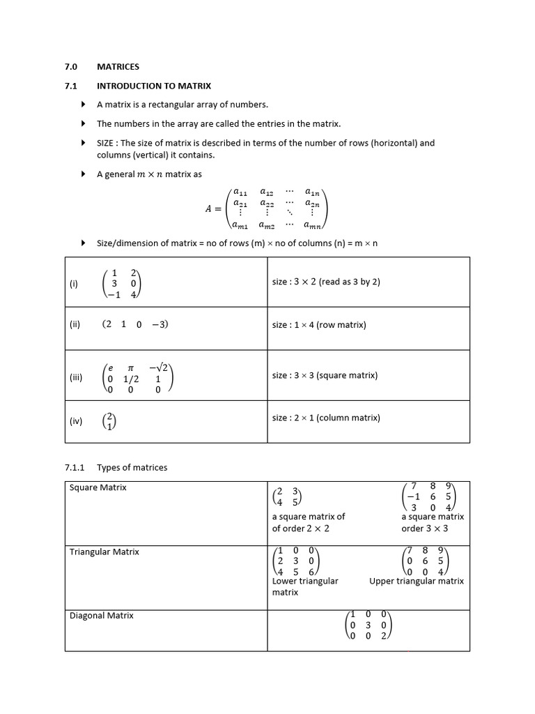 Topic 7 Matrices Notes | PDF | Matrix (Mathematics) | Determinant
