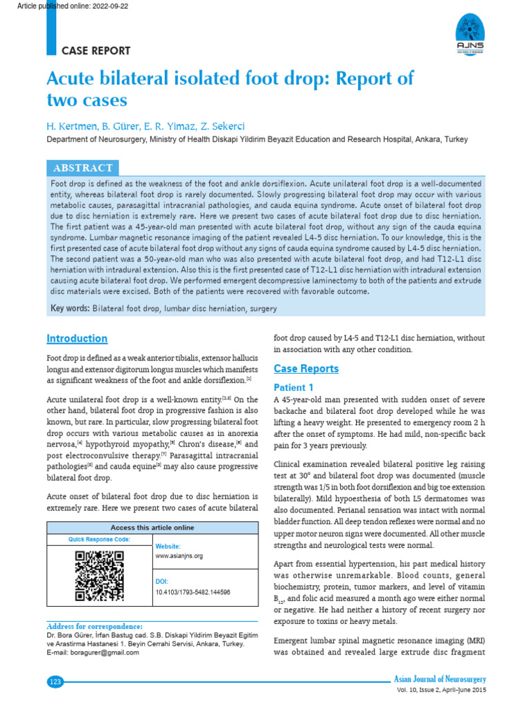 Acute Bilateral Isolated Foot Drop Report of Two Cases | PDF | Back ...