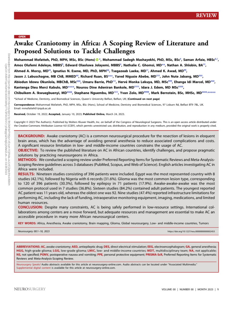 Awake Craniotomy in Africa A Scoping Review Of.678 | PDF | Neurosurgery ...