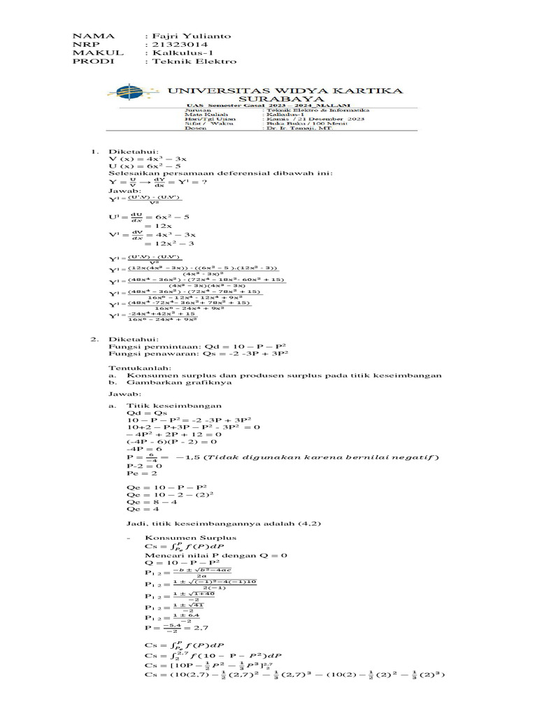 UAS Kalkulus Fajri Yulianto Teknik Elektro 21323014 | PDF