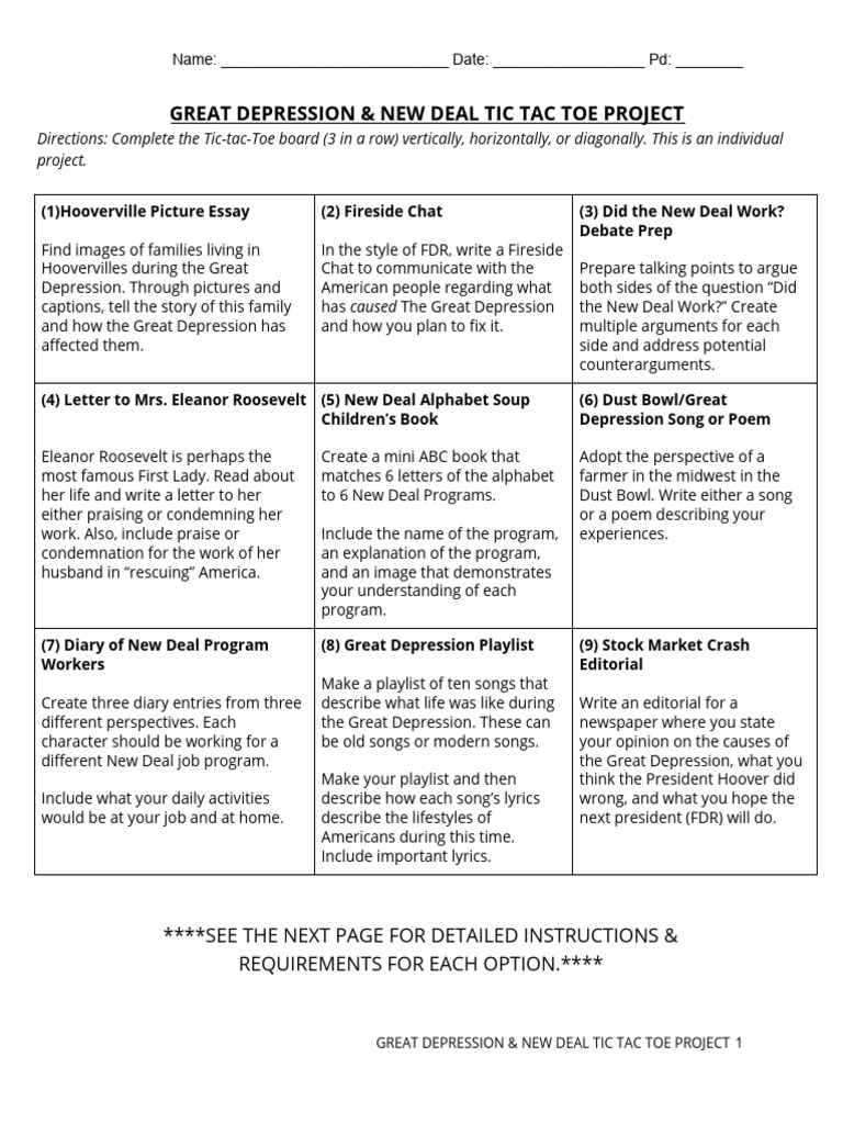 Great Depression Roosevelt New Deal Tictac Toe Project | PDF | New Deal ...